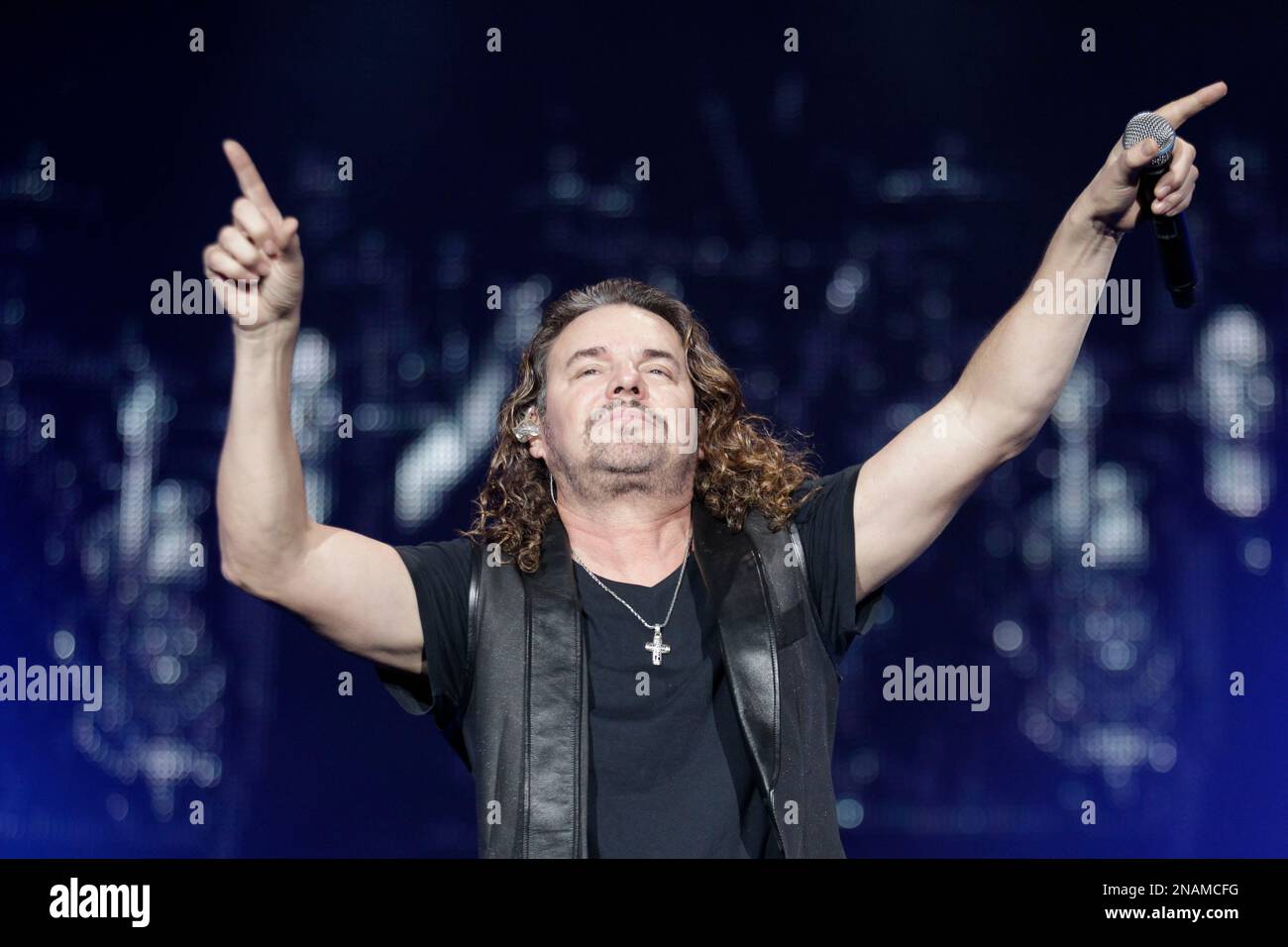 Singer Fher Olivera of the Mexican group Mana performs during a concert ...