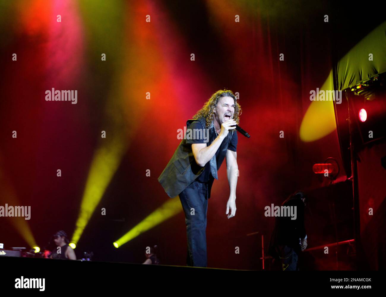 Singer Fher Olivera of the Mexican group Mana performs during a concert ...