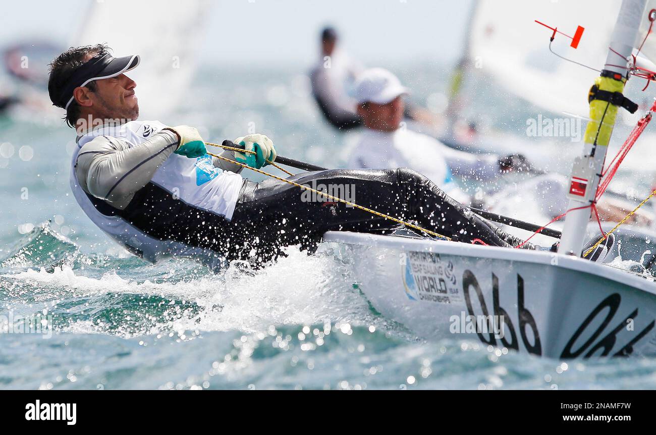Greece's Adonis Bougiouris competes during the Laser men's gold fleet ...
