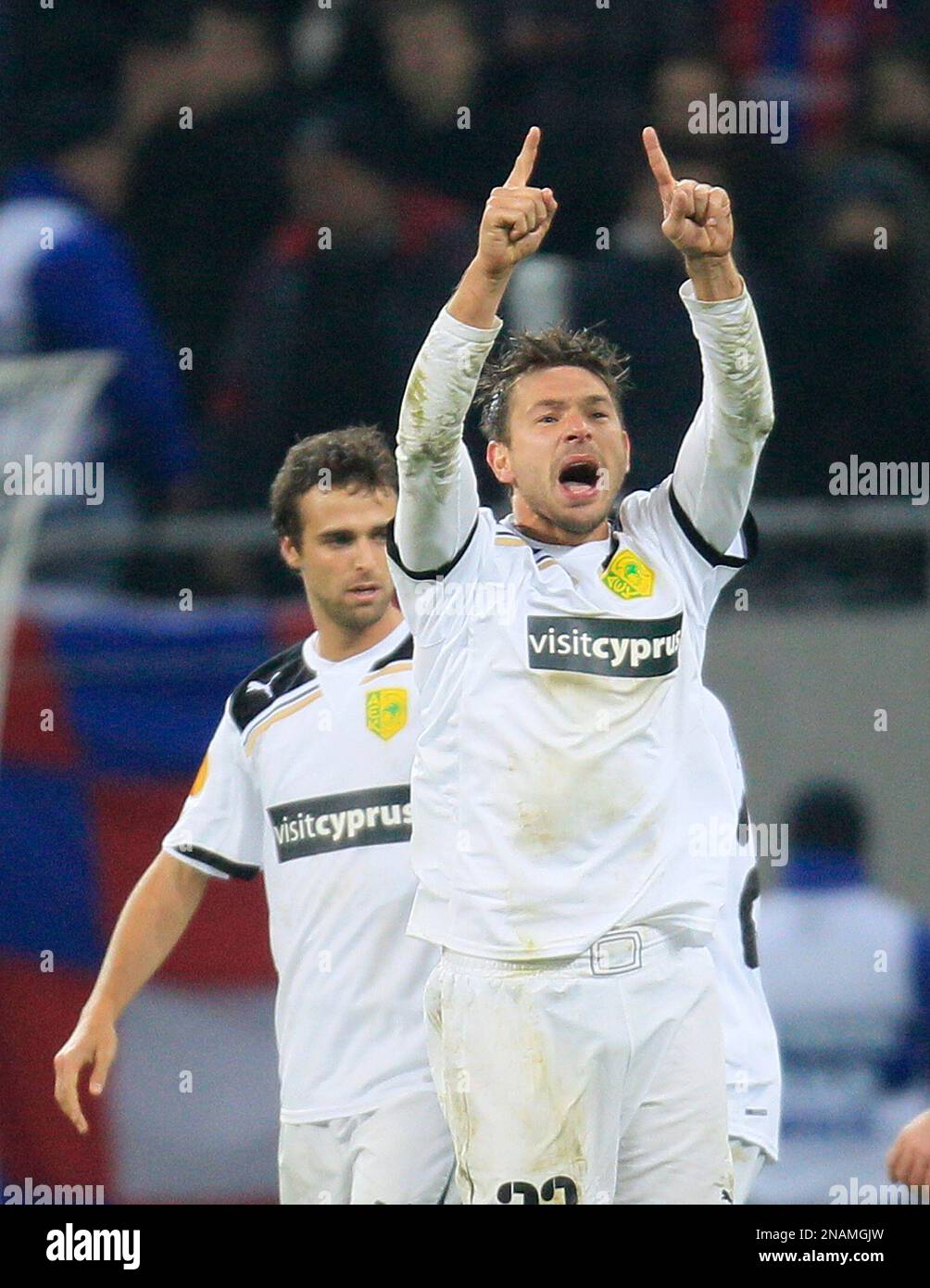 AEK Larnaca's Gorka Pintado celebrates scoring an equalizer against ...