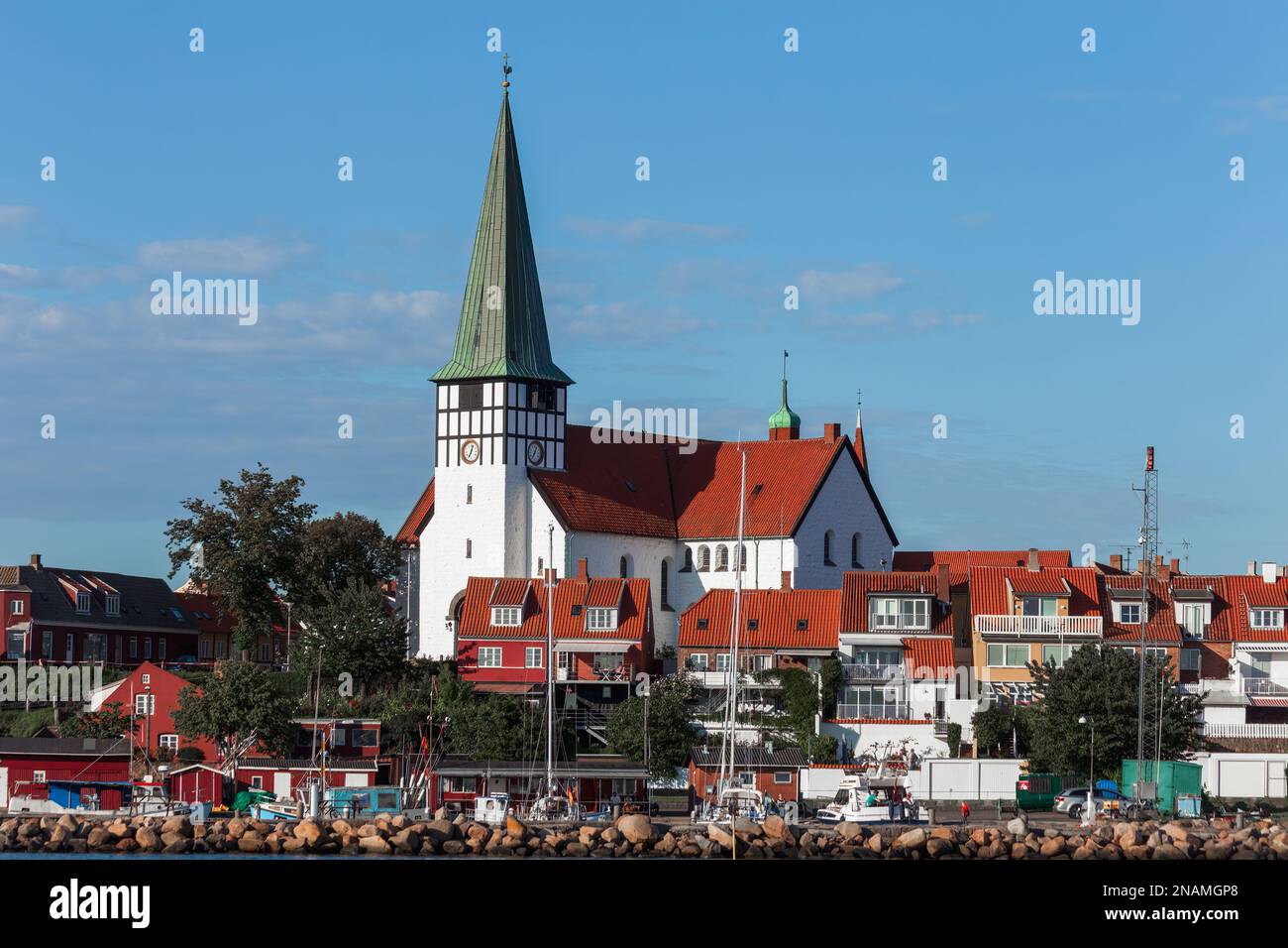 little town Ronne harbor and church panorama from the sea, Bornholm ...