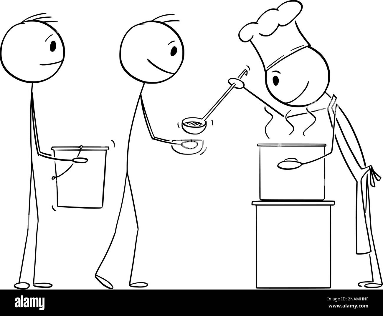 Poor People Waiting in Line For Food Donation, Vector Cartoon Stick ...