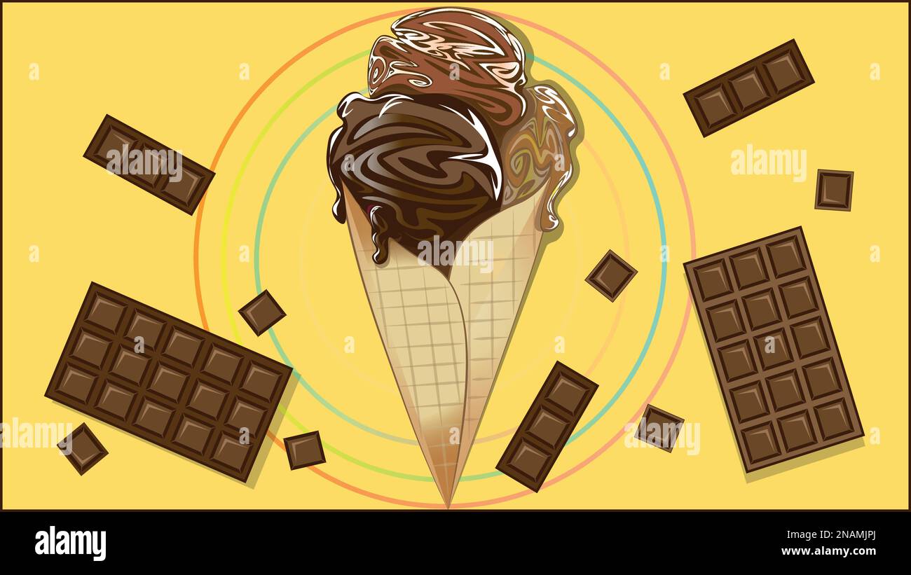 Delicious Wafer Ice Cream Cone Flavoured With Chocolate Sweet Chocolaty Yummy Stock Vector