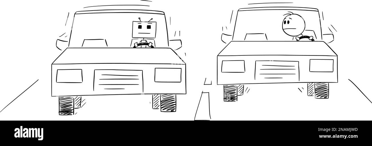Robot or Ai Driving Autonomous Car , Vector Cartoon Stick Figure ...
