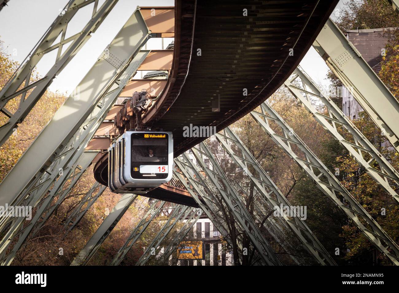 Picture of a train on Wuppertal schwebebahn. The Wuppertaler Schwebebahn is a suspension railway ...