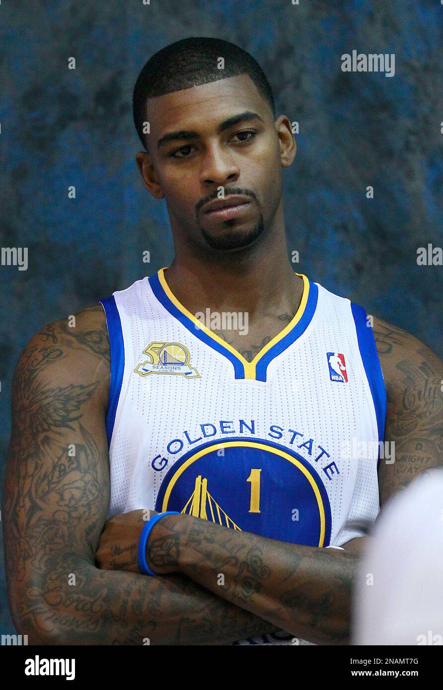 Golden State Warriors' Dorell Wright (1) poses at an NBA basketball ...