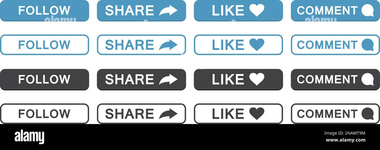 Set of follow, share, like, comment button icon in a flat design Stock ...