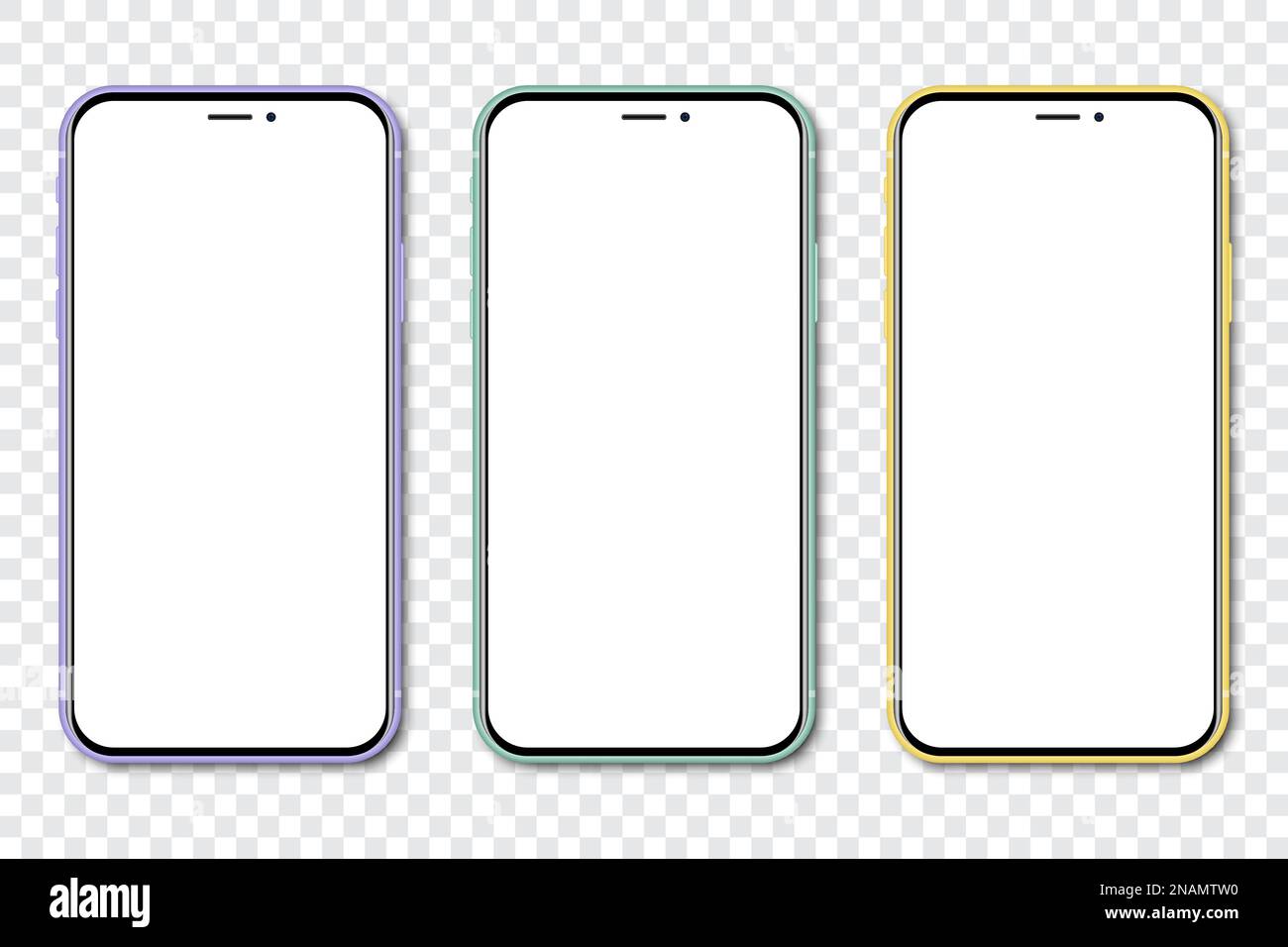 Three new smartphone with blank screen on a transparent background ...