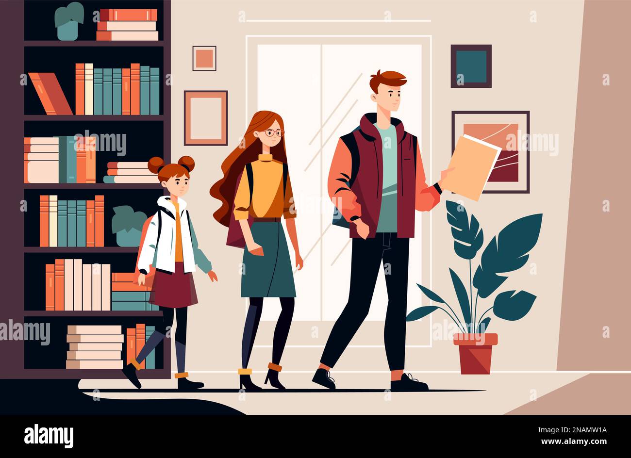 cute students in casual clothes studying in library or bookstore with ...