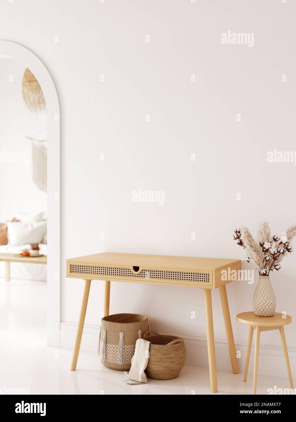 Interior scene and wall mockup in beige Boho style. Straight and angle ...