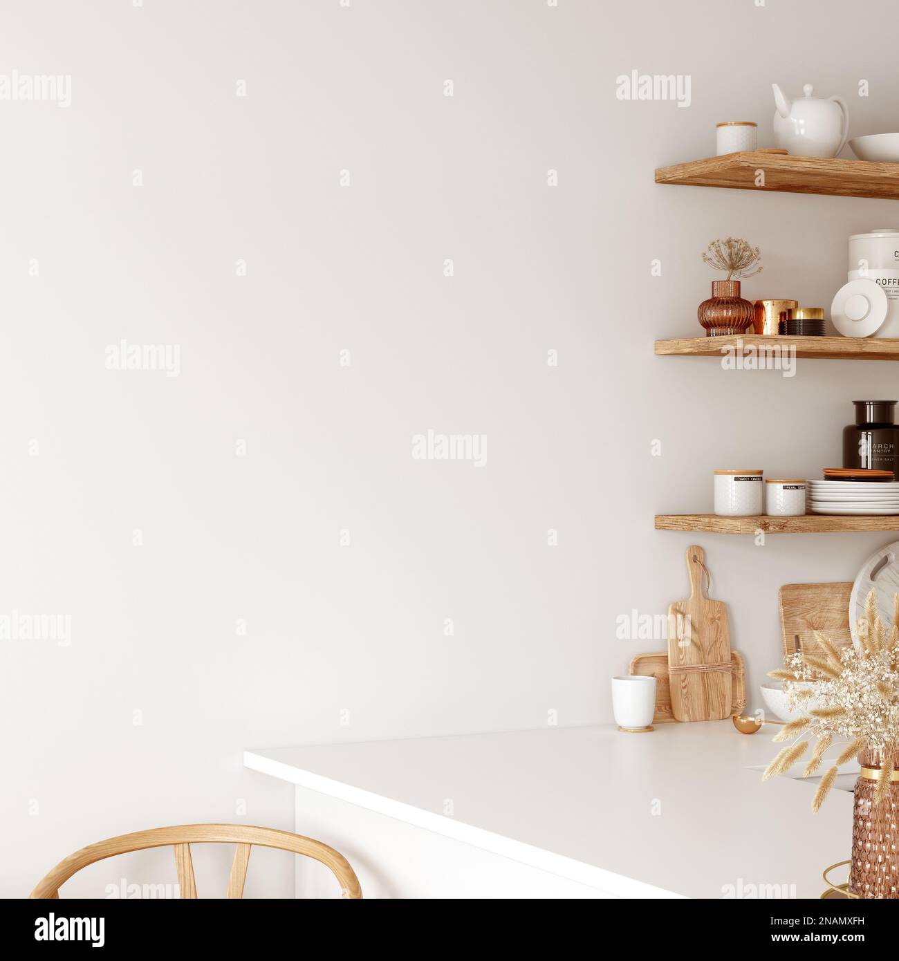 Interior scene and wall mockup in beige Boho style. Straight and angle ...