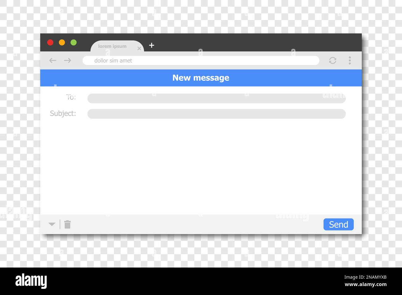 New message browser window frame template with shadow on a transparent ...