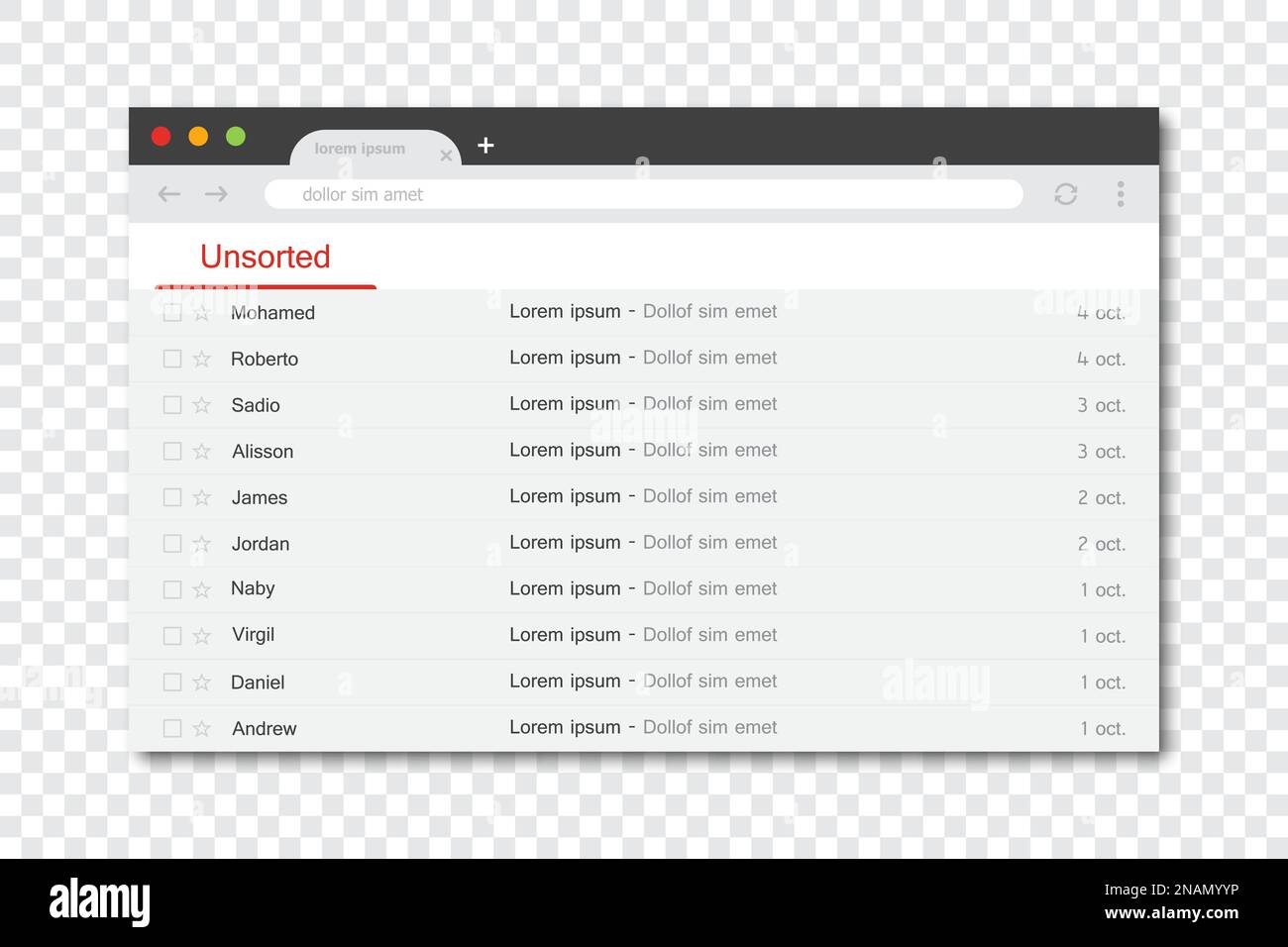 Incoming messages browser window frame template with shadow on a transparent background Stock ...