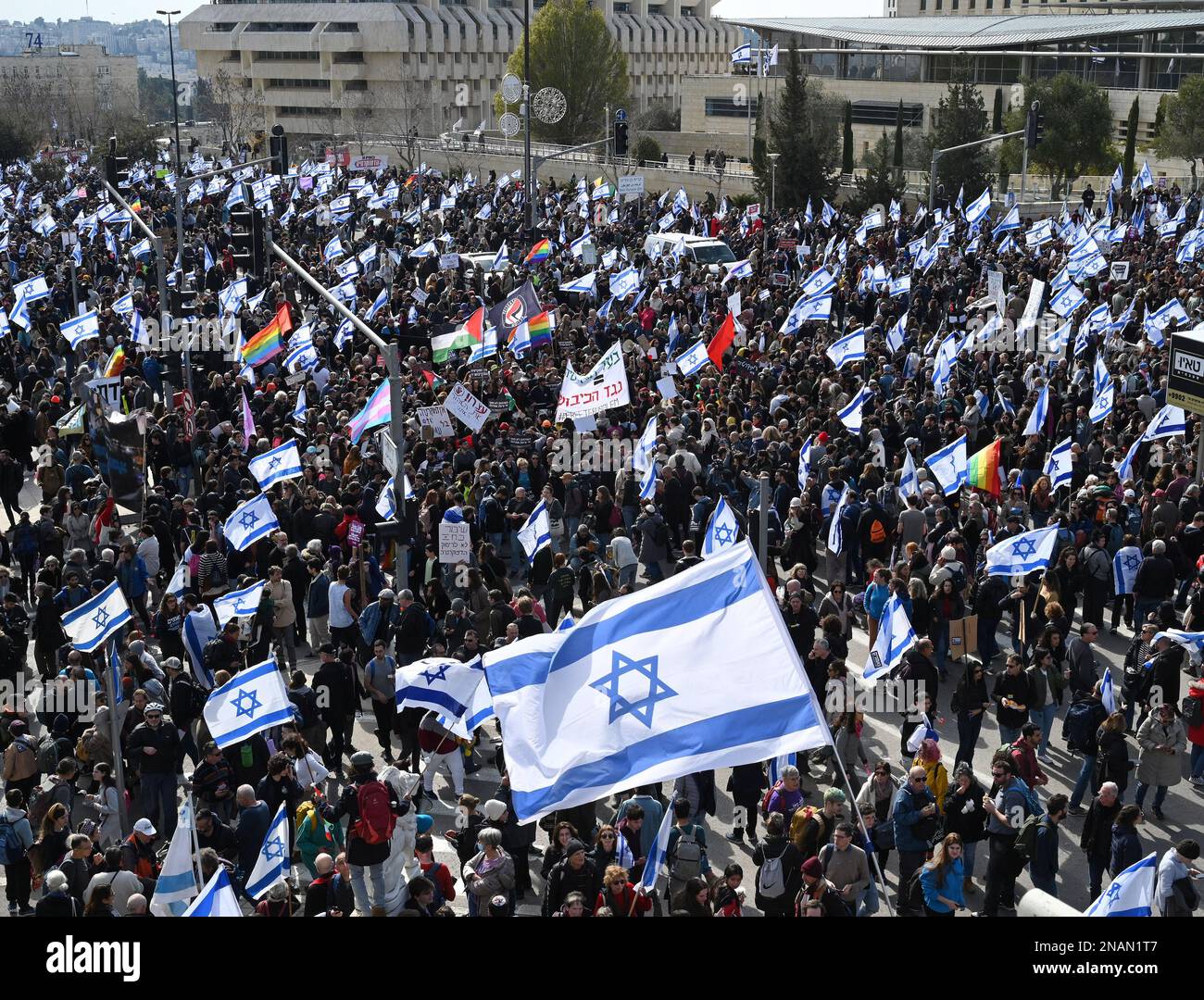 Jerusalem, Israel. 13th Feb, 2023. Israelis protest outside the Knesset ...