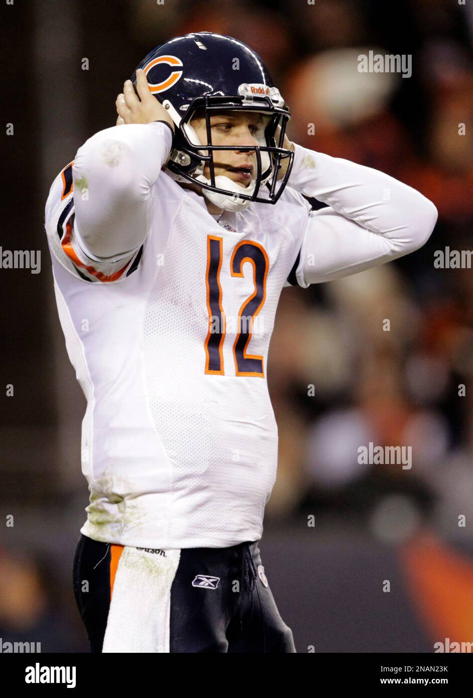 Chicago Bears quarterback Caleb Hanie reacts during overtime of an NFL ...