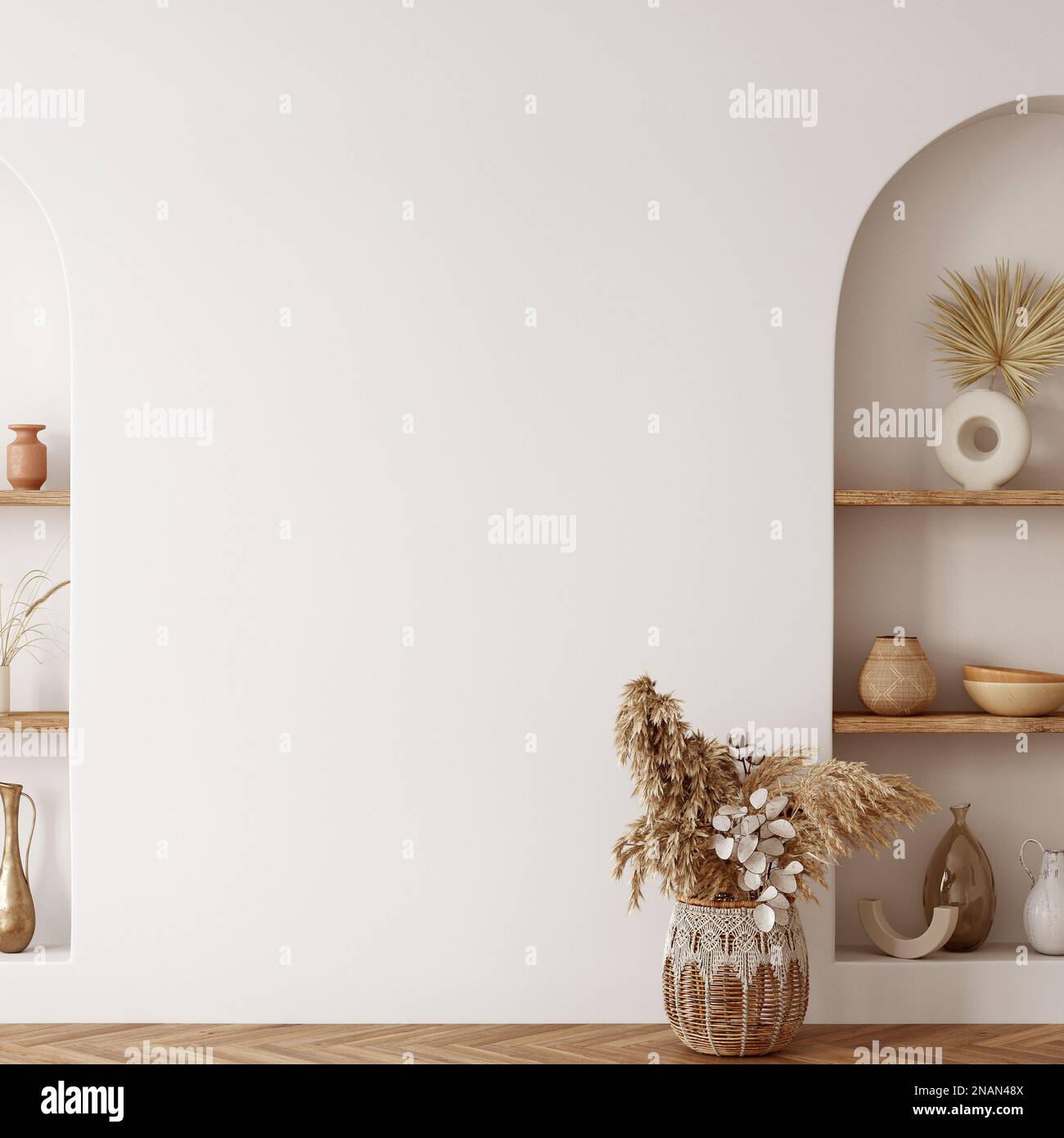 Interior scene and wall mockup in beige Boho style. Straight and angle ...