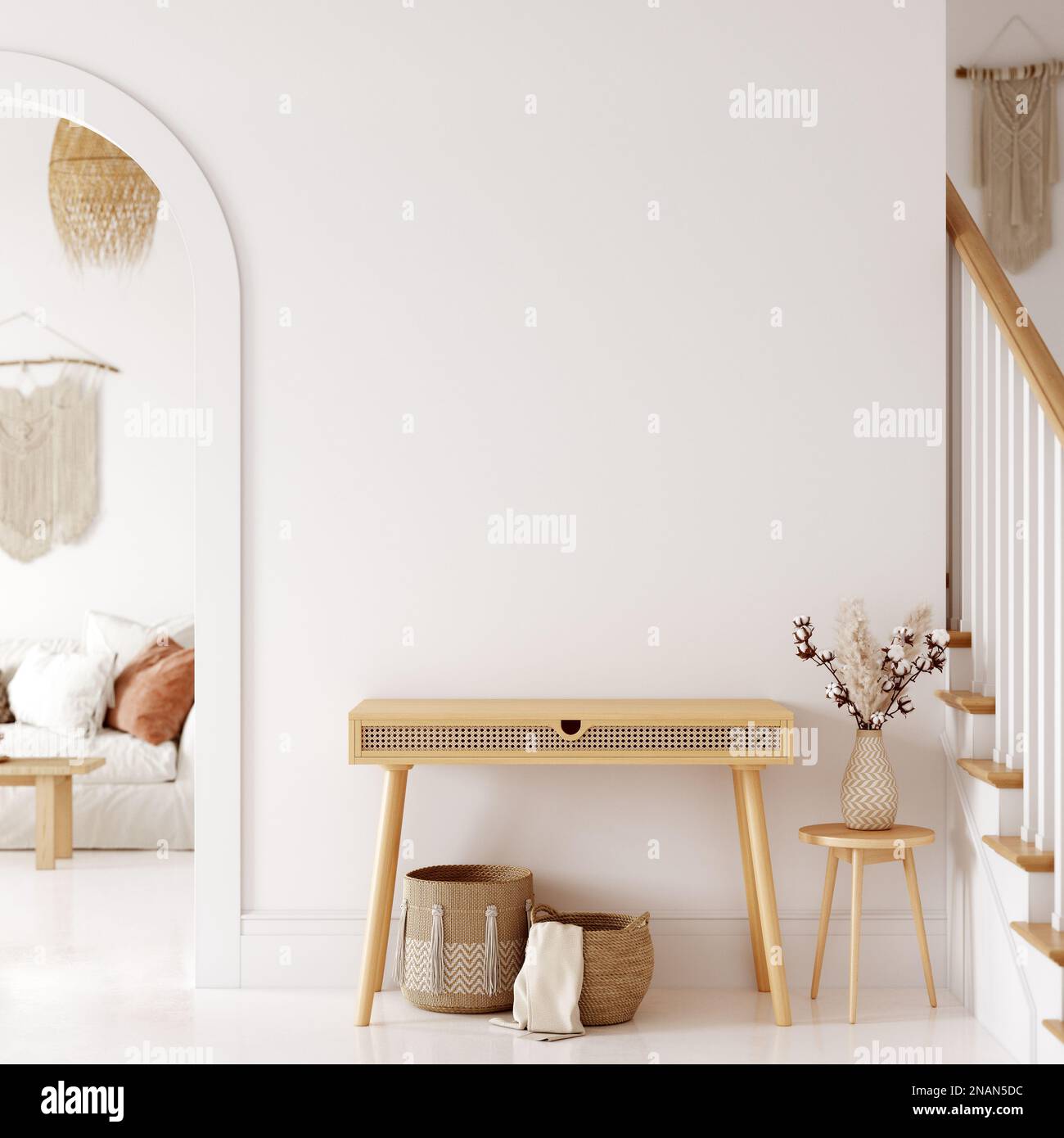 Interior scene and wall mockup in beige Boho style. Straight and angle ...