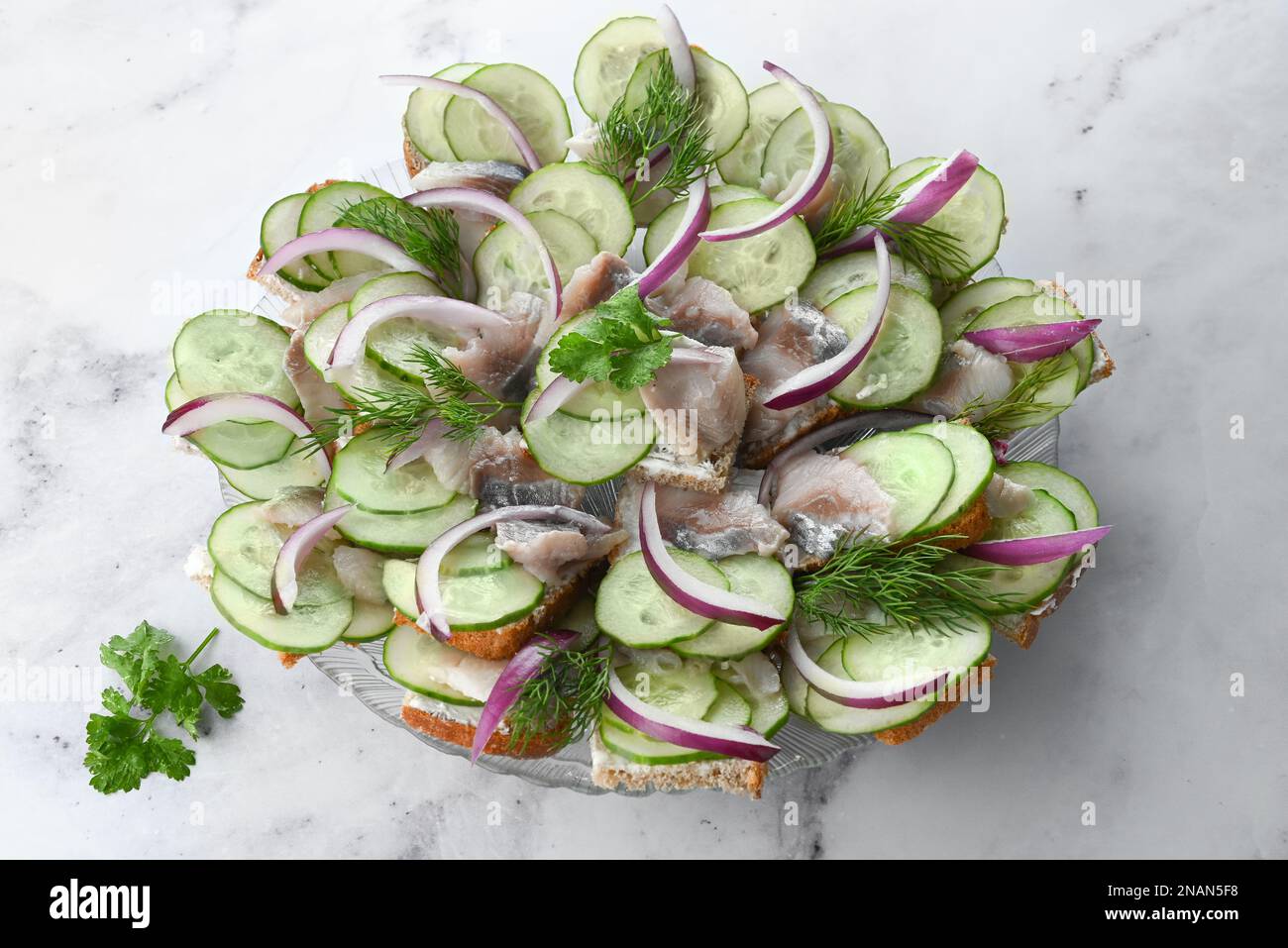 Salted herring with spices, fresh cucumber, herbs and onions on a plate ...