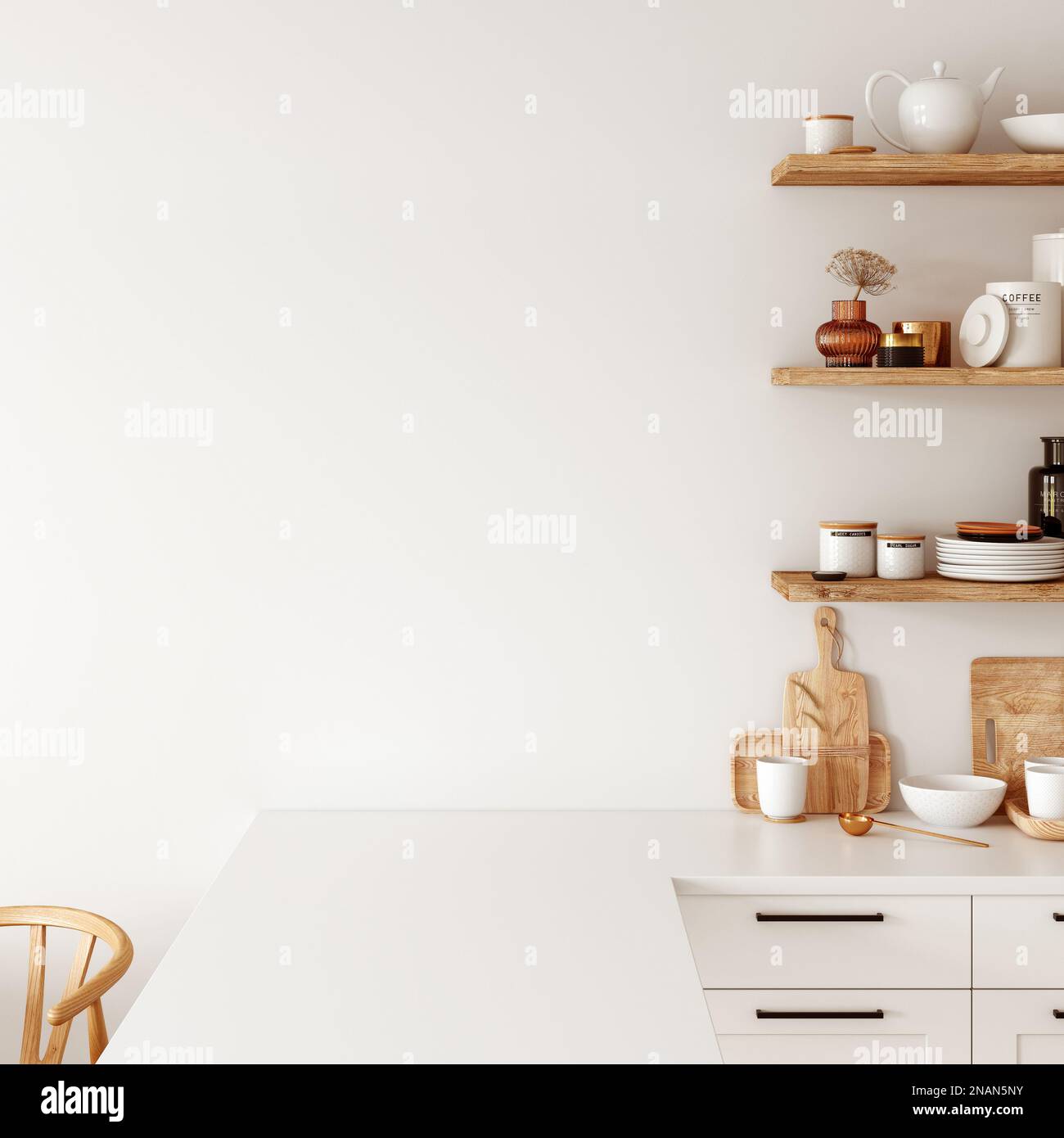 Interior scene and wall mockup in beige Boho style. Straight and angle ...
