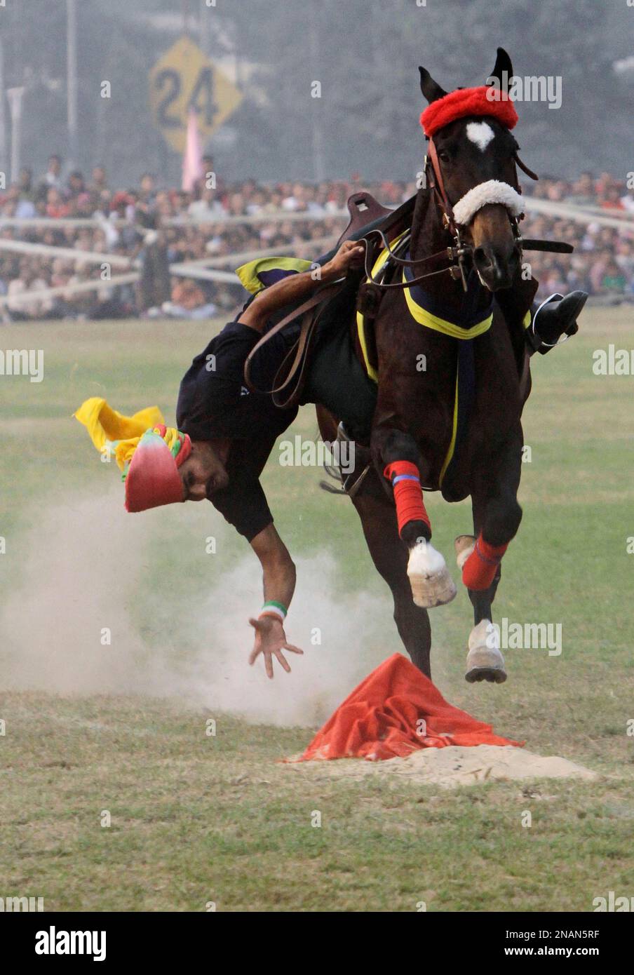An Indian army's cavalry division soldier displays his skills as part ...