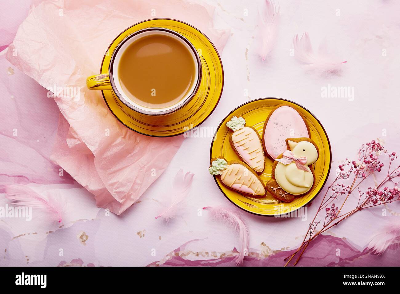 Pastel Easter background - cute glazed cookies and coffee flat lay ...