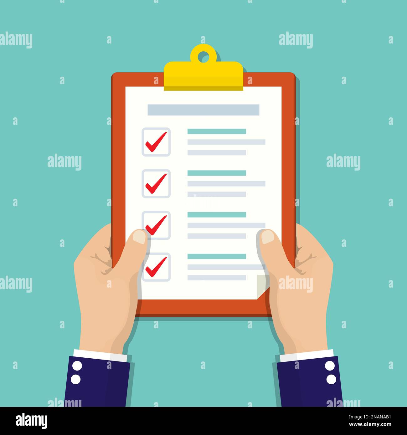 Businessman hands holding clipboard with checklist in a flat design ...