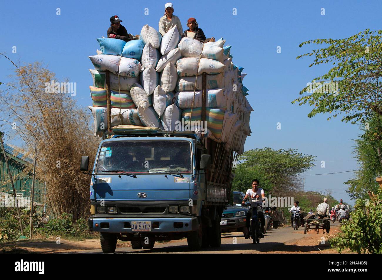 Cambodian workers sit atop the back of a truck over loaded rice sacks ...