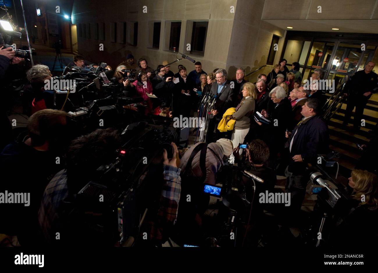 Dr. William Petit Jr., center, at microphone, speaks to the media ...