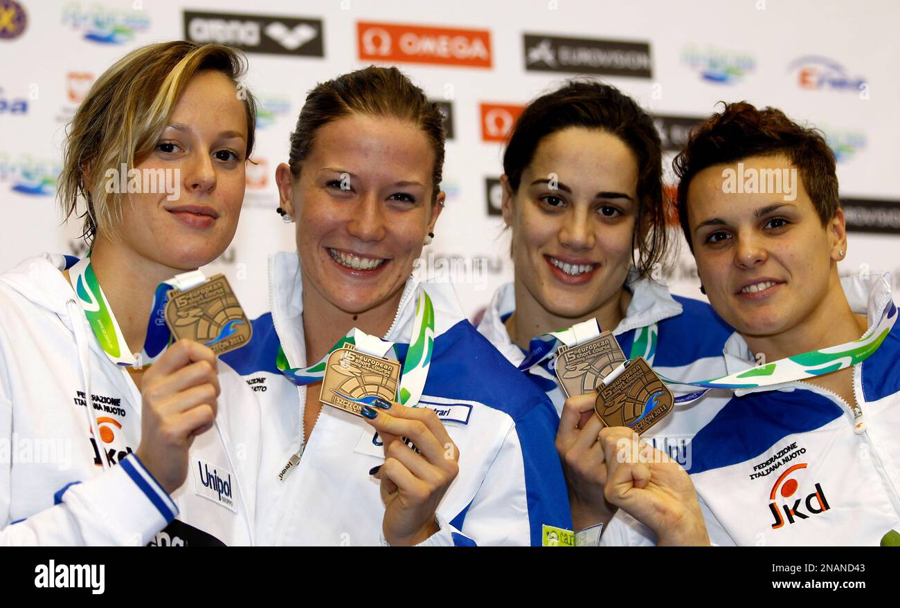 Italy's, from left, Federica Pellegrini, Laura Letrari, Erika Ferraidi ...