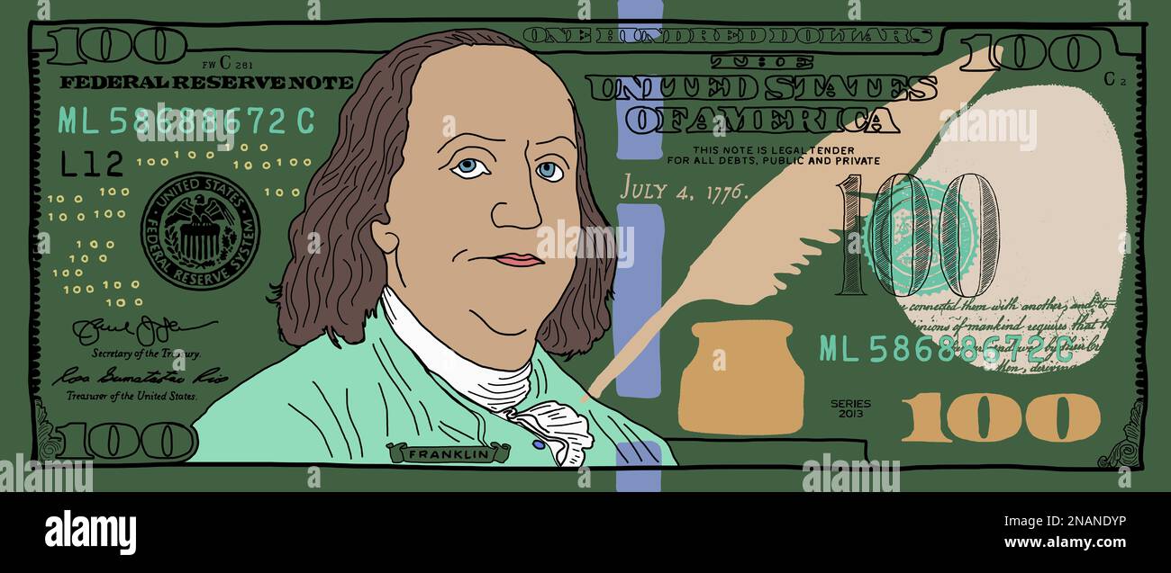 Cartoon hand drawn colorized 100 dollar banknote for design purpose ...