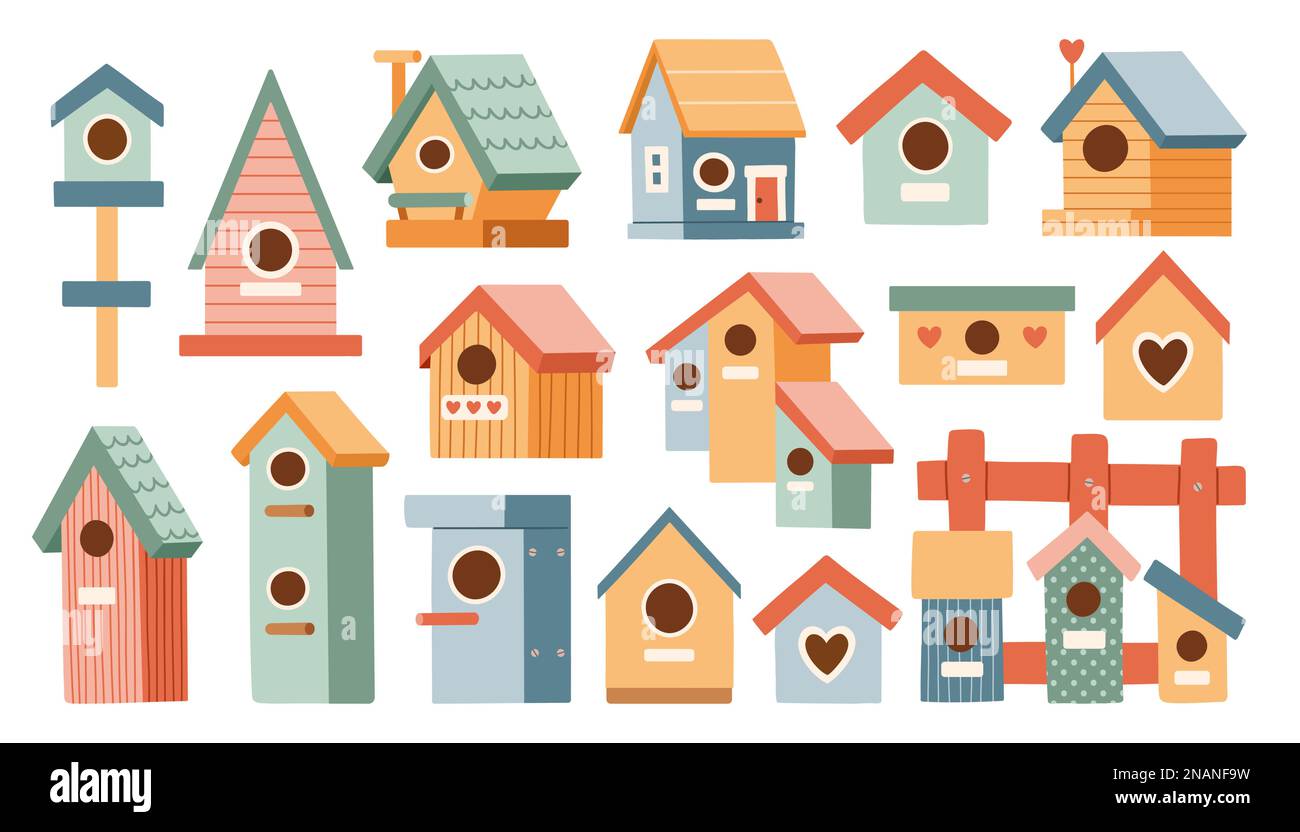Bird houses set vector illustration. Cartoon cute colorful birdhouses ...