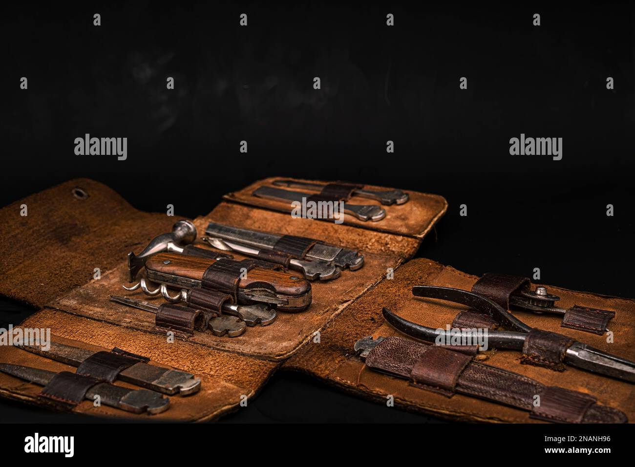 vintage tools from World War Two in leather case Stock Photo - Alamy
