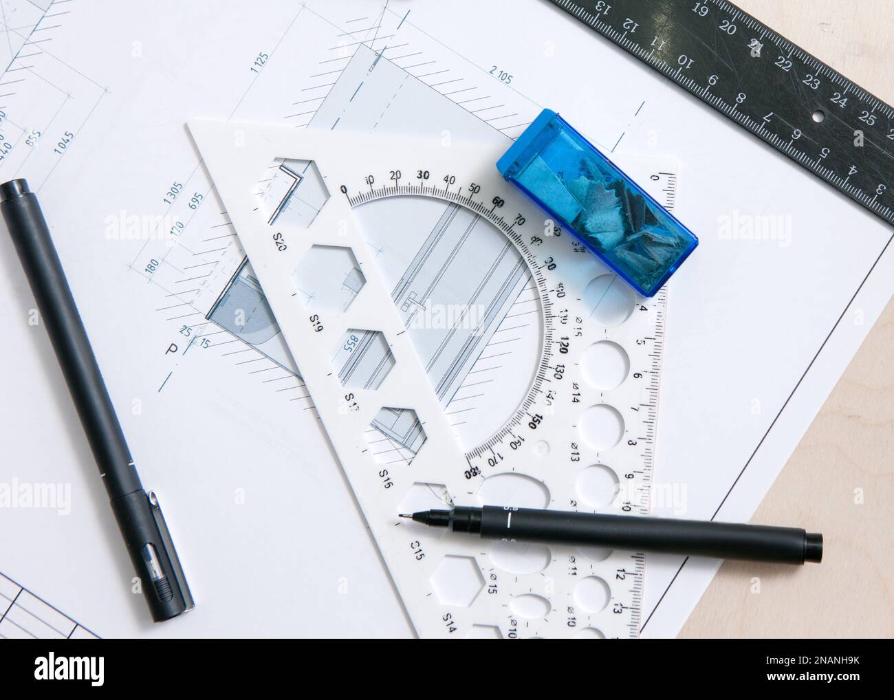 Drawing scheme and tools on desktop Stock Photo - Alamy