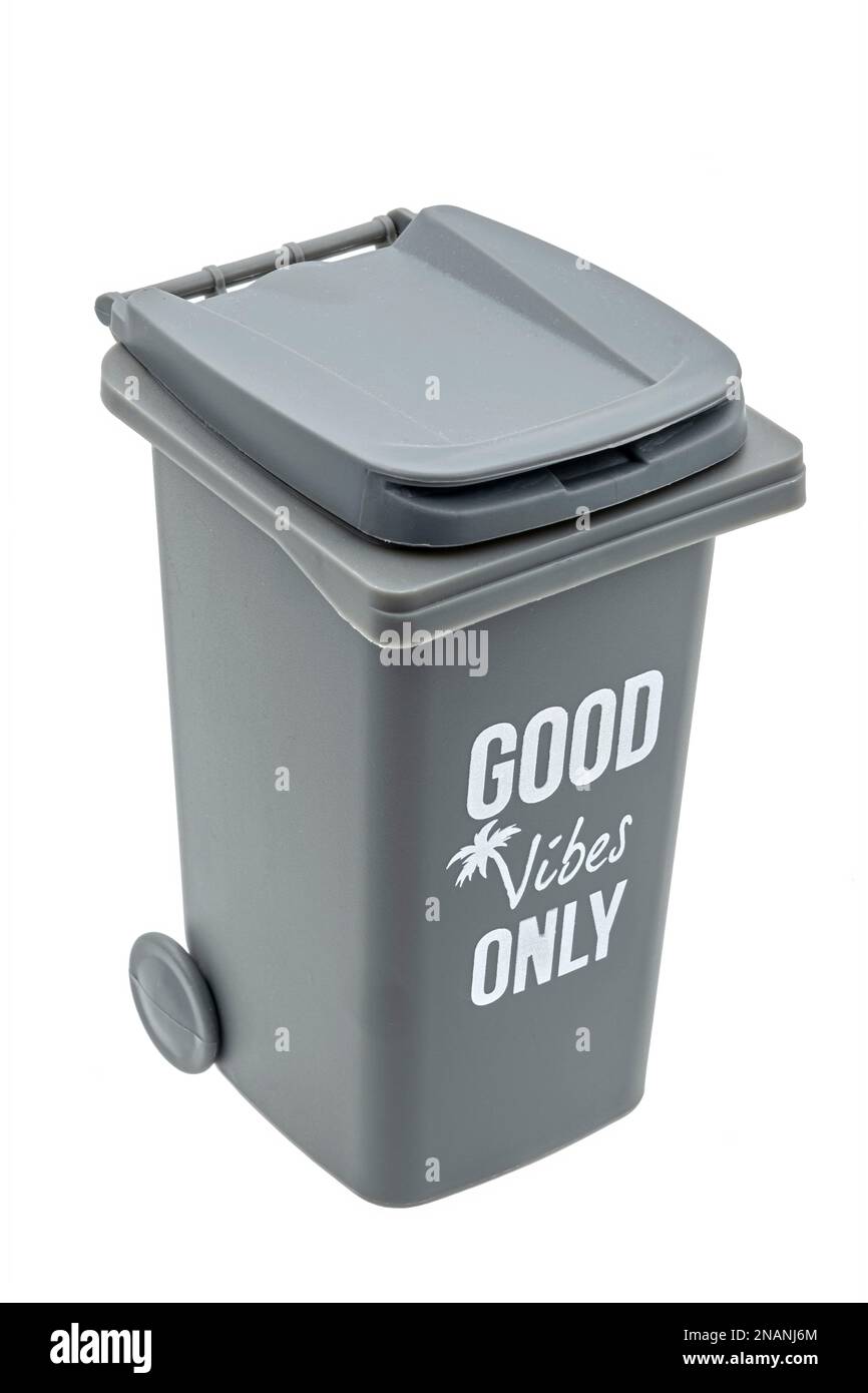 gray large plastic Trash can with GOOD VIBES ONLY text isolated on ...