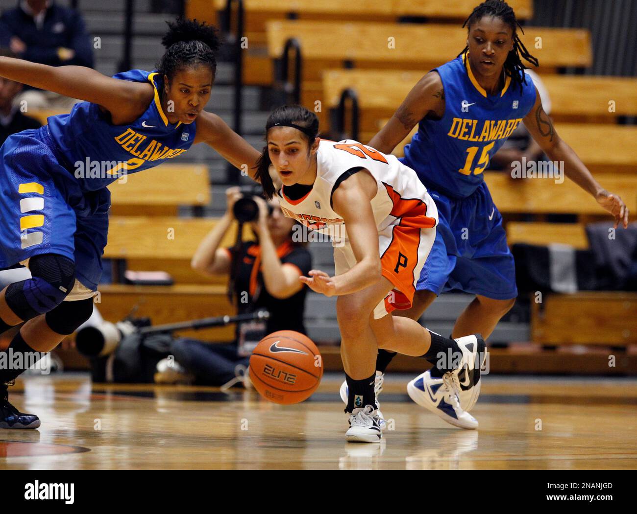 Princeton's Niveen Rasheed (24) tries to control the ball as Delaware's ...