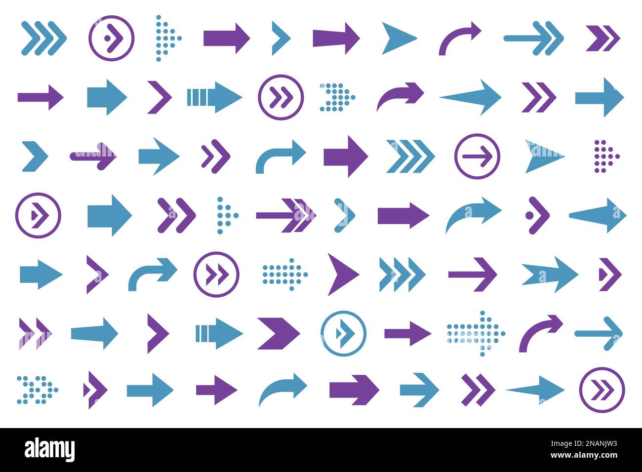 Set of arrows collection in blue and purple color on a white background ...