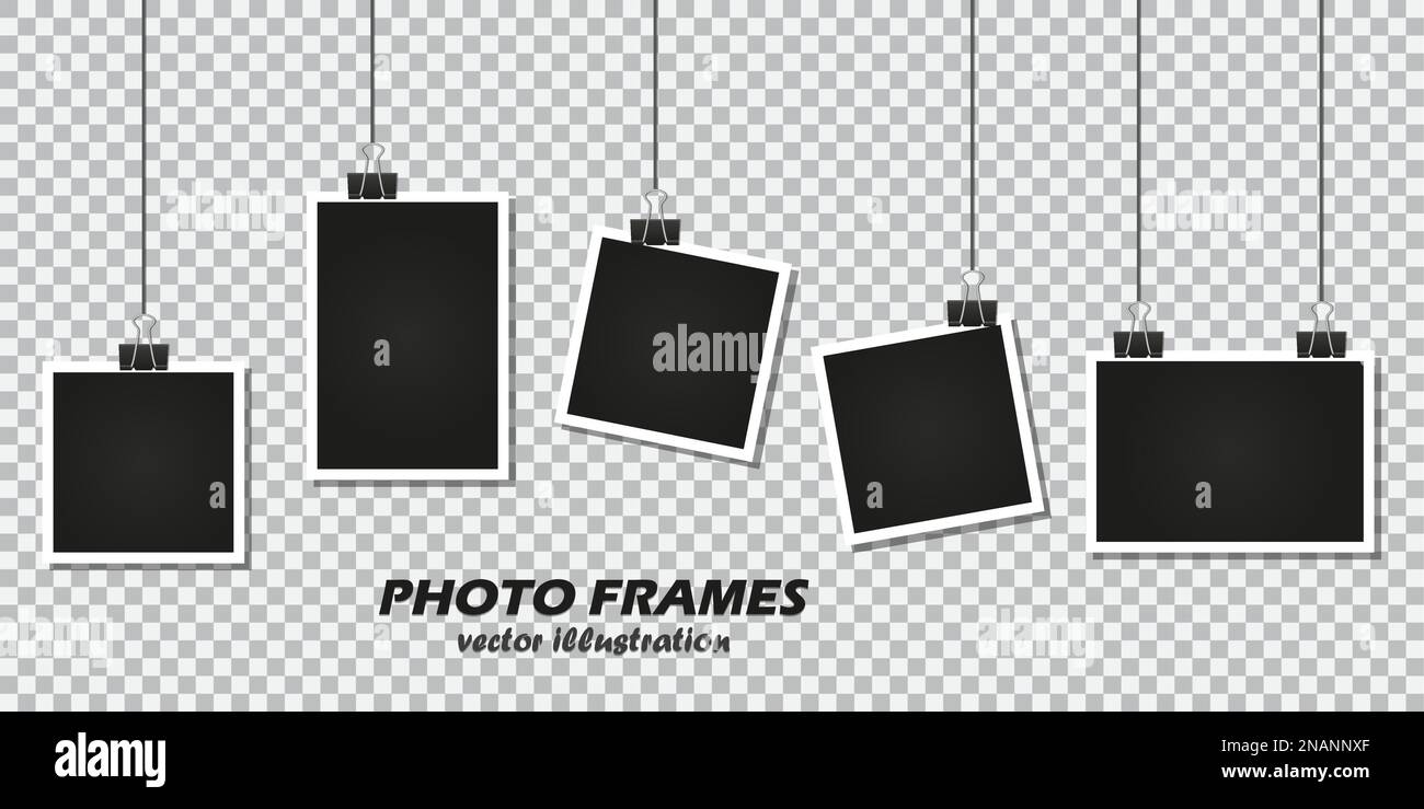 Set of photo frames with stationery clip on a transparent background ...