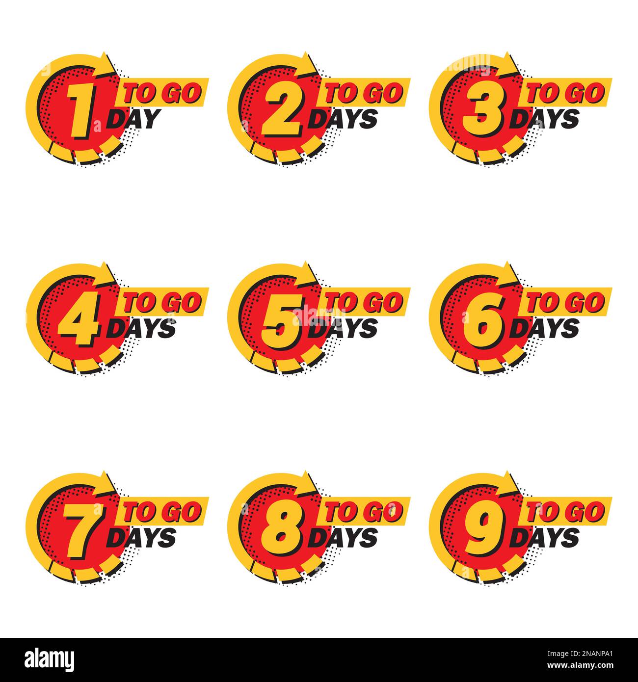 Set of countdown 1 to 9 left days with arrow and halftone in a flat design. Announcement icons ...