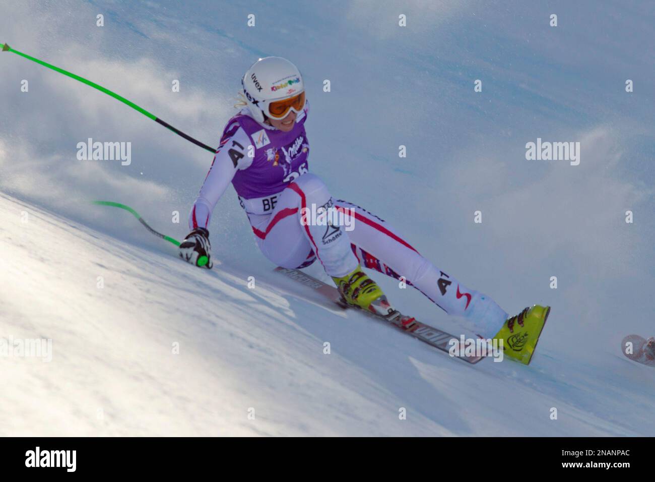 Regina Mader, of Austria, loses her ski while racing down the course ...