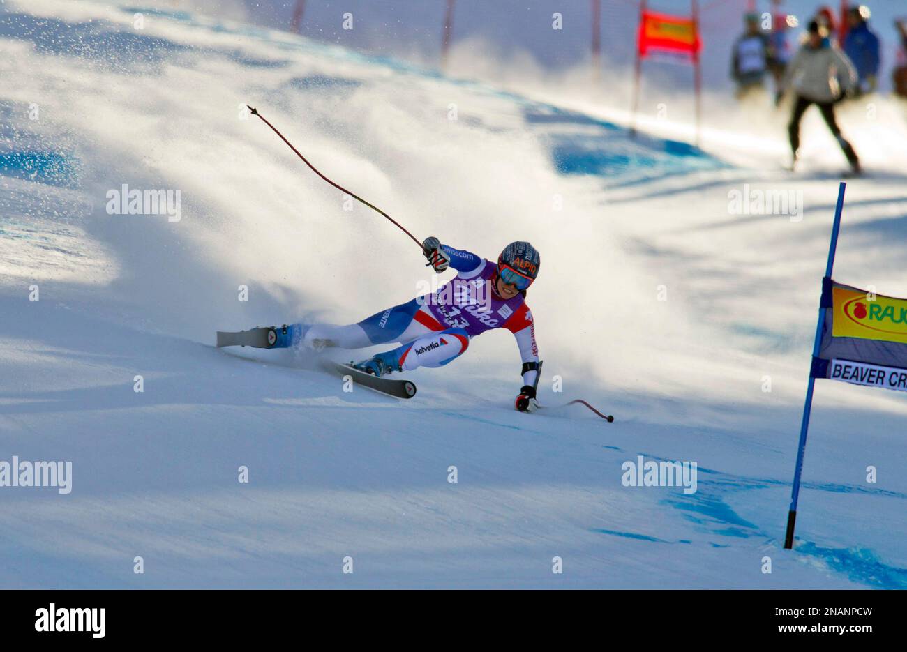 Dominique Gisin, of Switzerland, races down the course during the women ...
