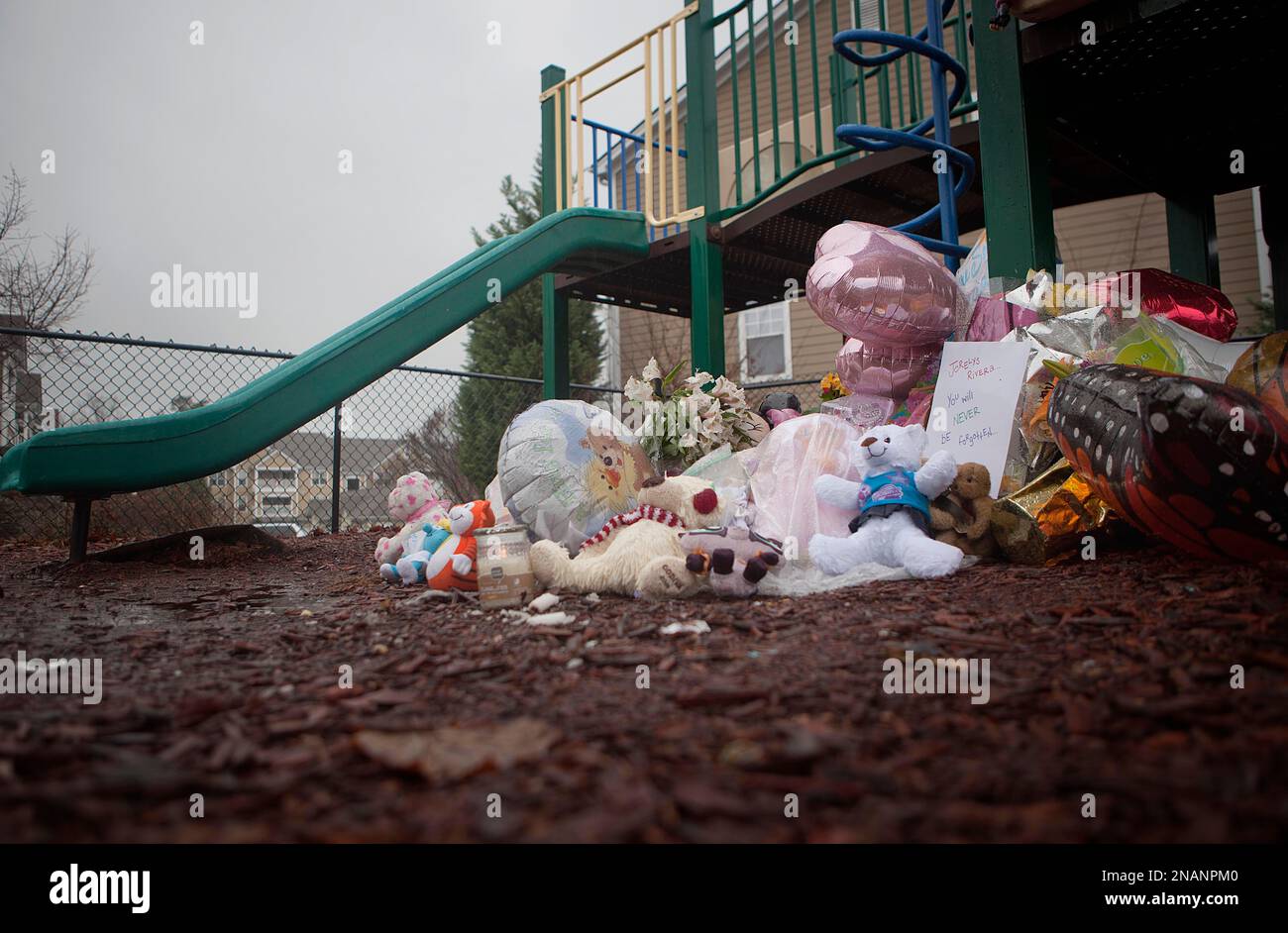 A makeshift memorial sits on the playground where 7-year-old Jorelys ...
