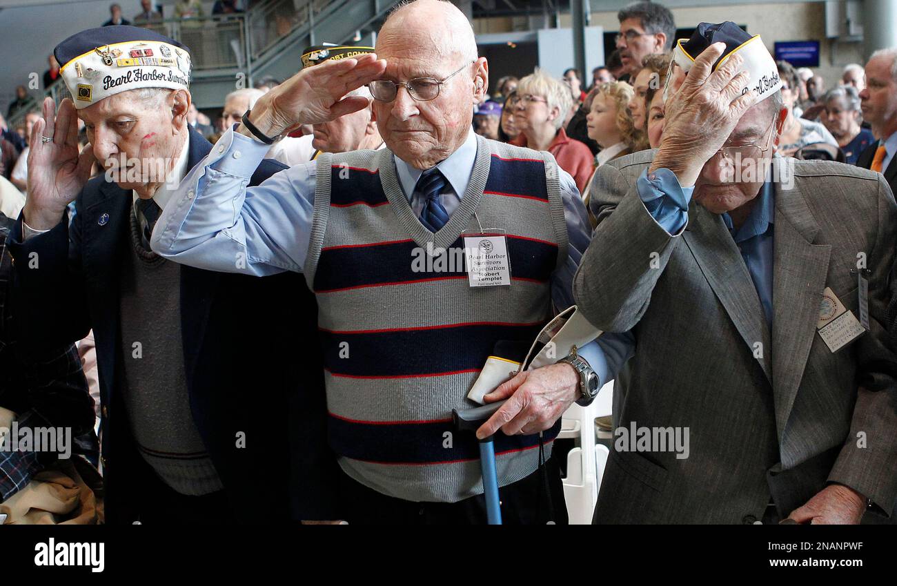Pearl Harbor survivors James Cook, left, Robert Templet, and Nolan ...
