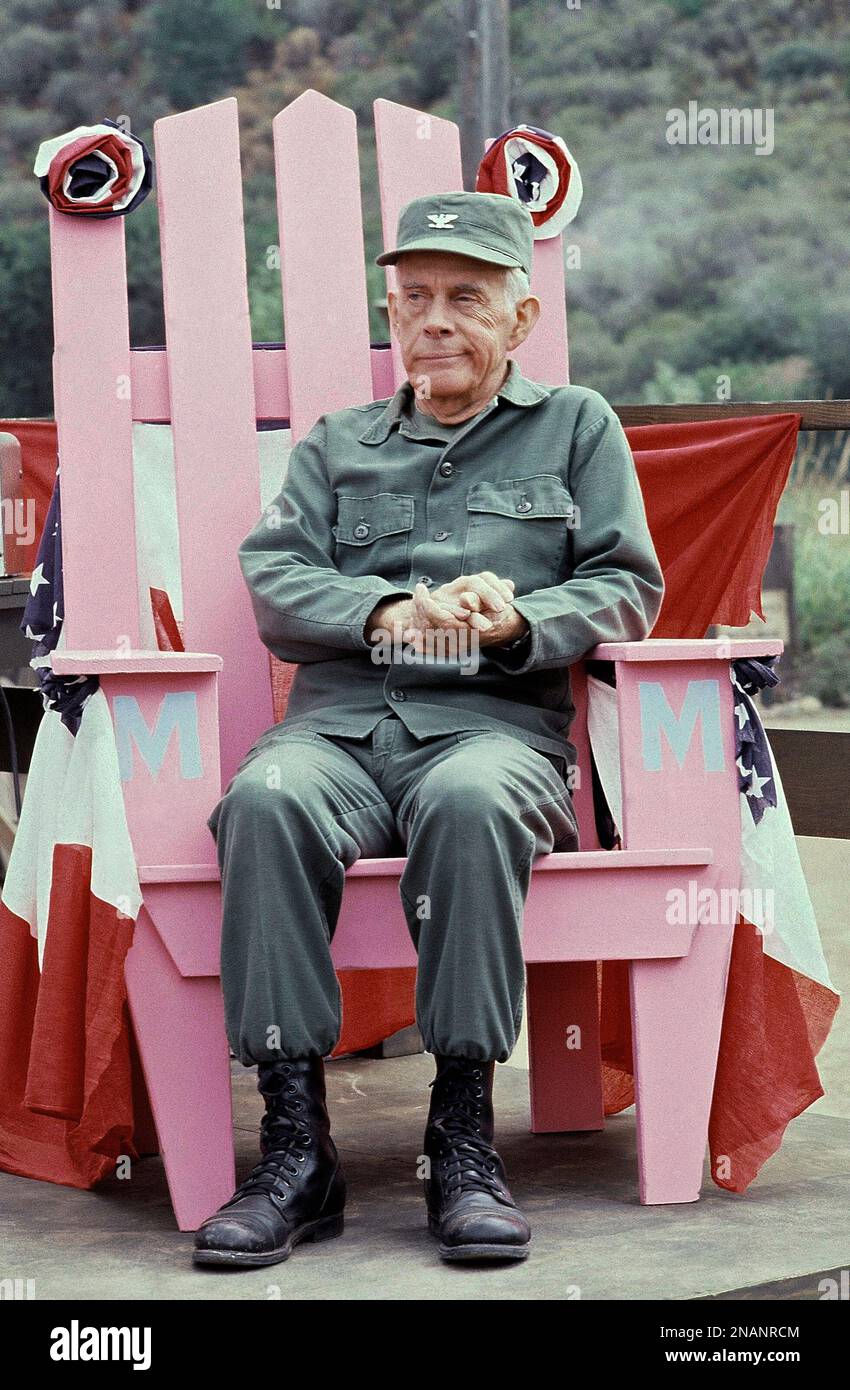 FILE - In this Sept. 19, 1982 photo, Actor Harry Morgan sits on the set ...