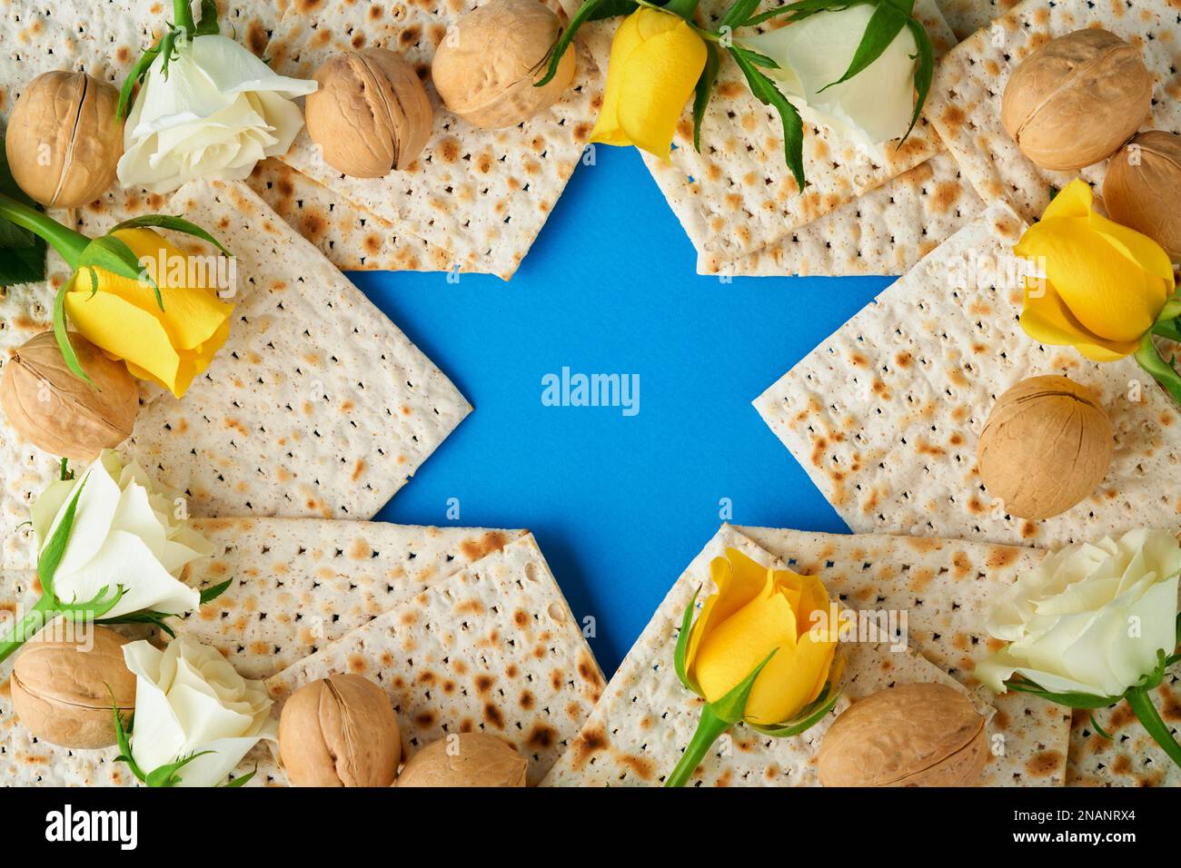 Passover celebration concept. Blue Star of David made from matzah ...