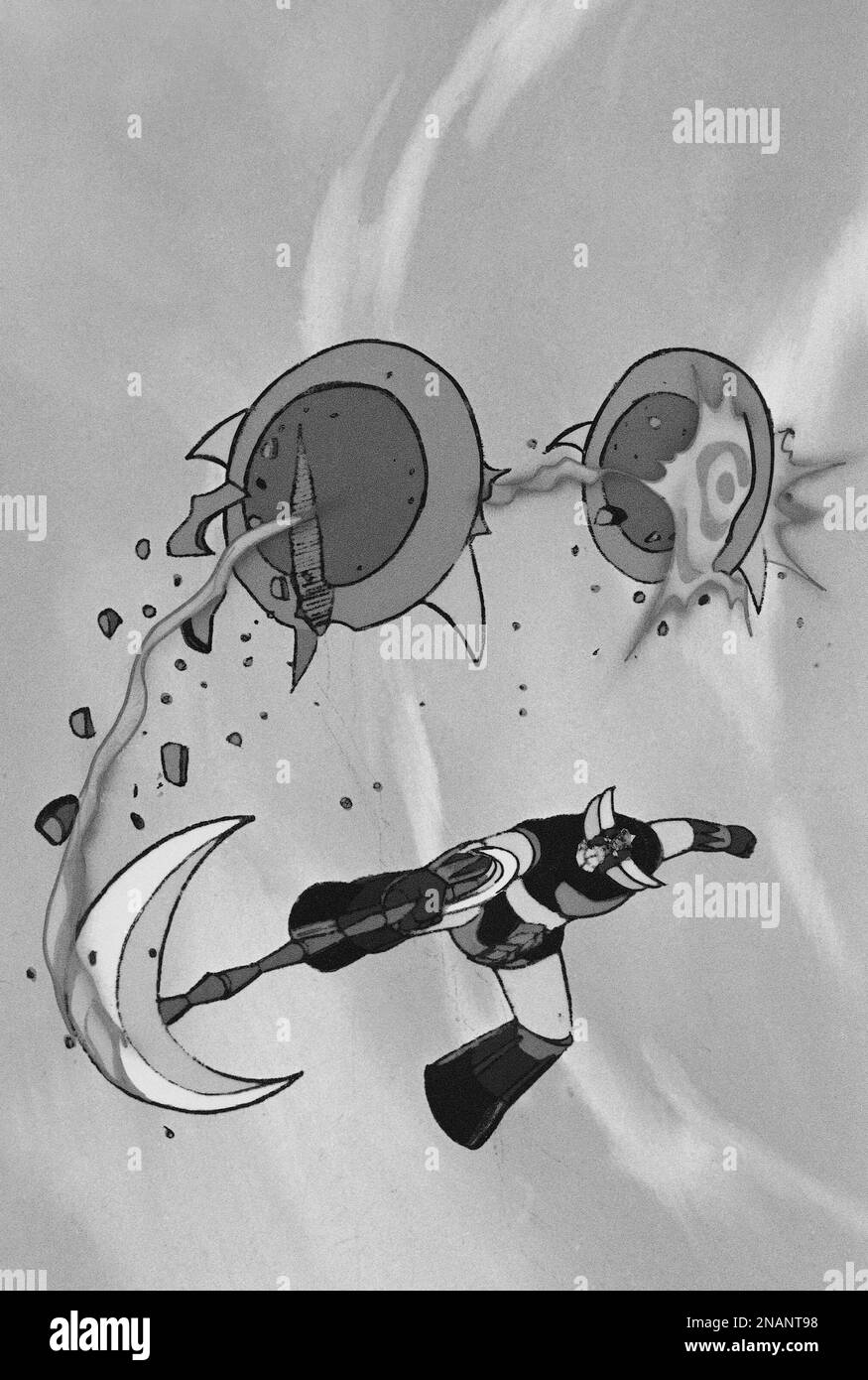 Super robot, right, destroys UFOs in a battle scene of the Japanese ...