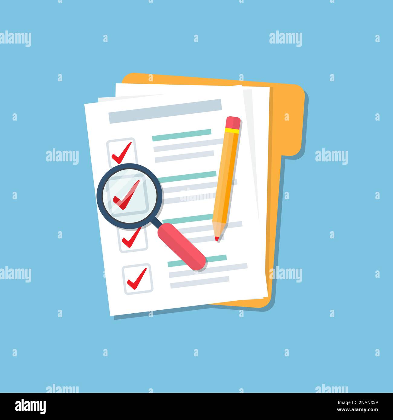 Folder with document checklist, magnify glass and pencil in a flat ...