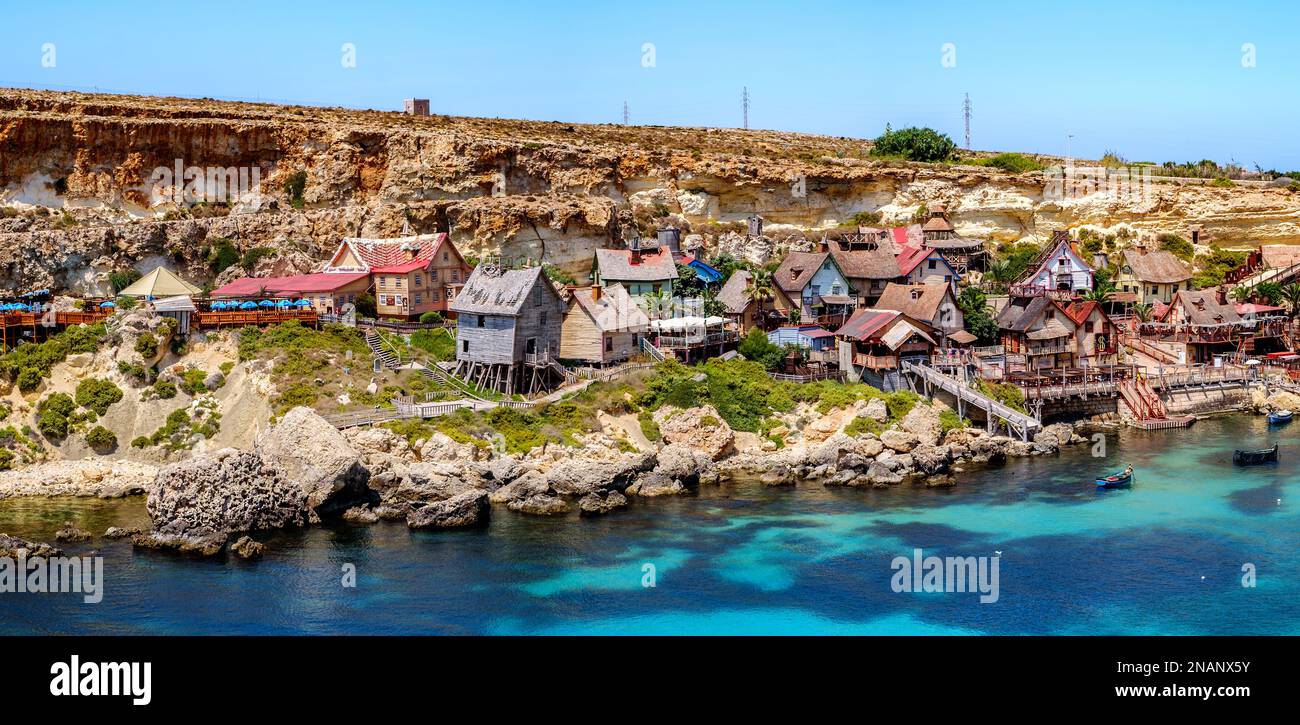 Popeye Village, Malta - July 19, 2019. Aerial panorama of Popeye ...