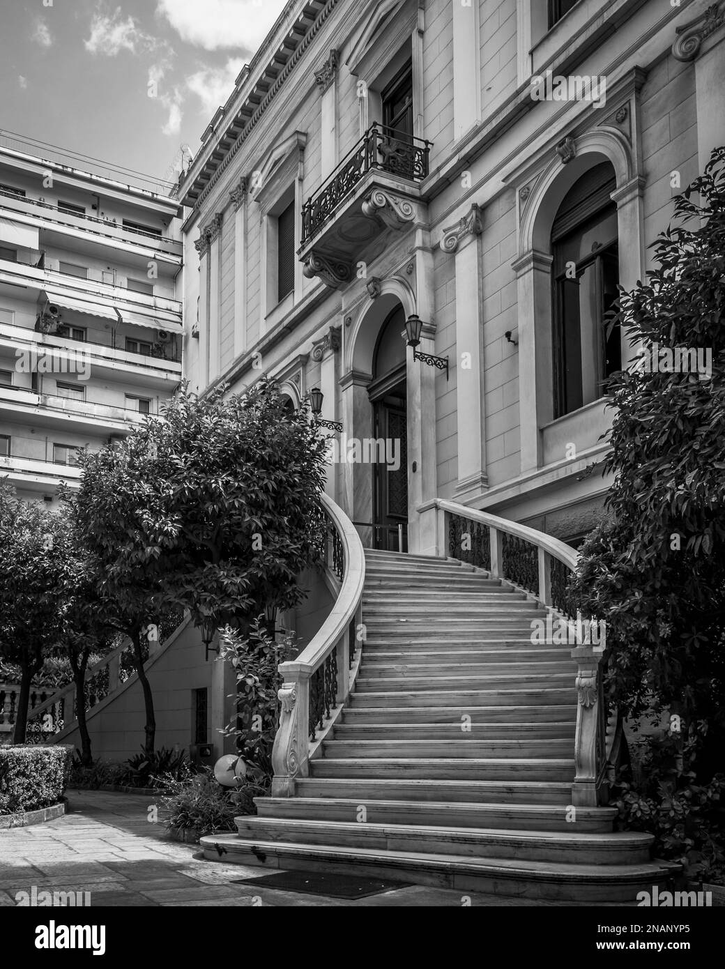 A grayscale of the entrance of the numismatic museum of Athens Stock ...