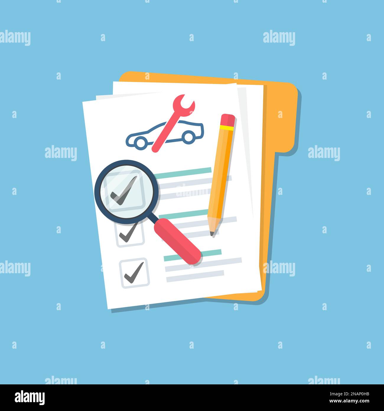 Car folder with document checklist, magnify glass and pencil in a flat ...