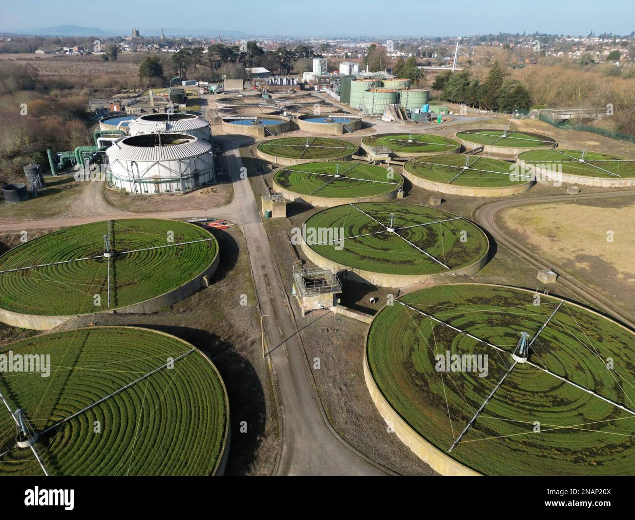 Aerial view of Welsh Water sewage treatment water works at Hereford ...